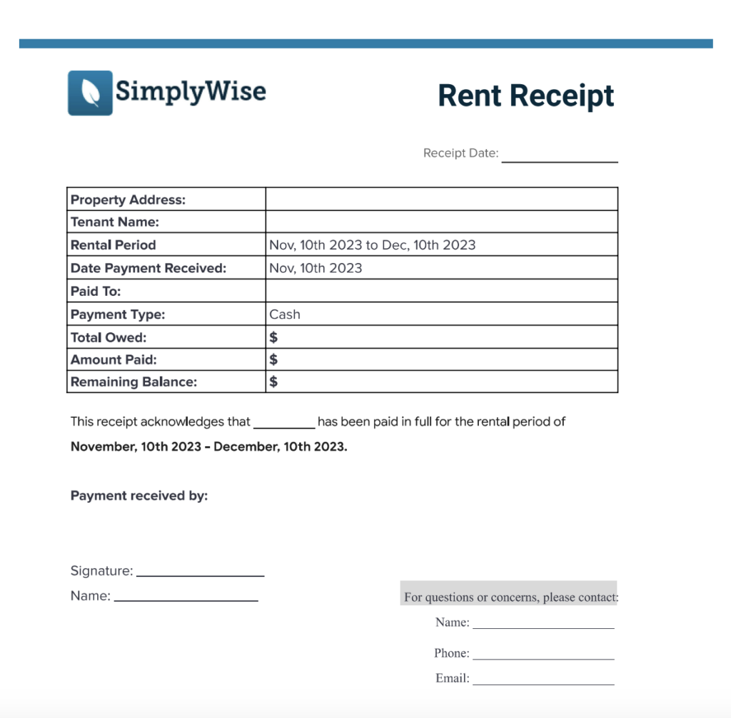 Rent Receipt Template | SimplyWise - SimplyWise